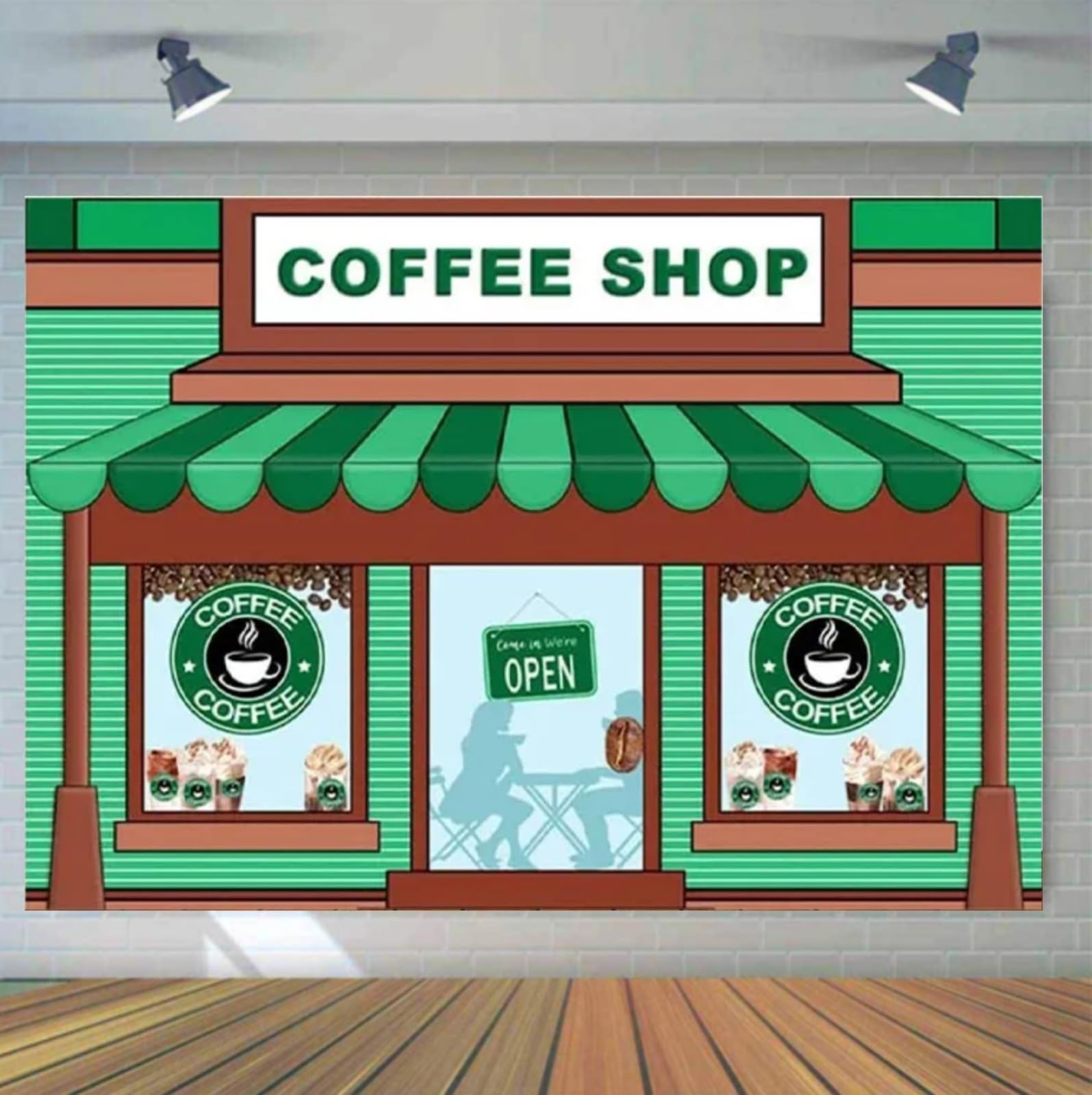 Snapklik.com : Cartoon Green Striped Coffee Shop Photography Backdrop ...