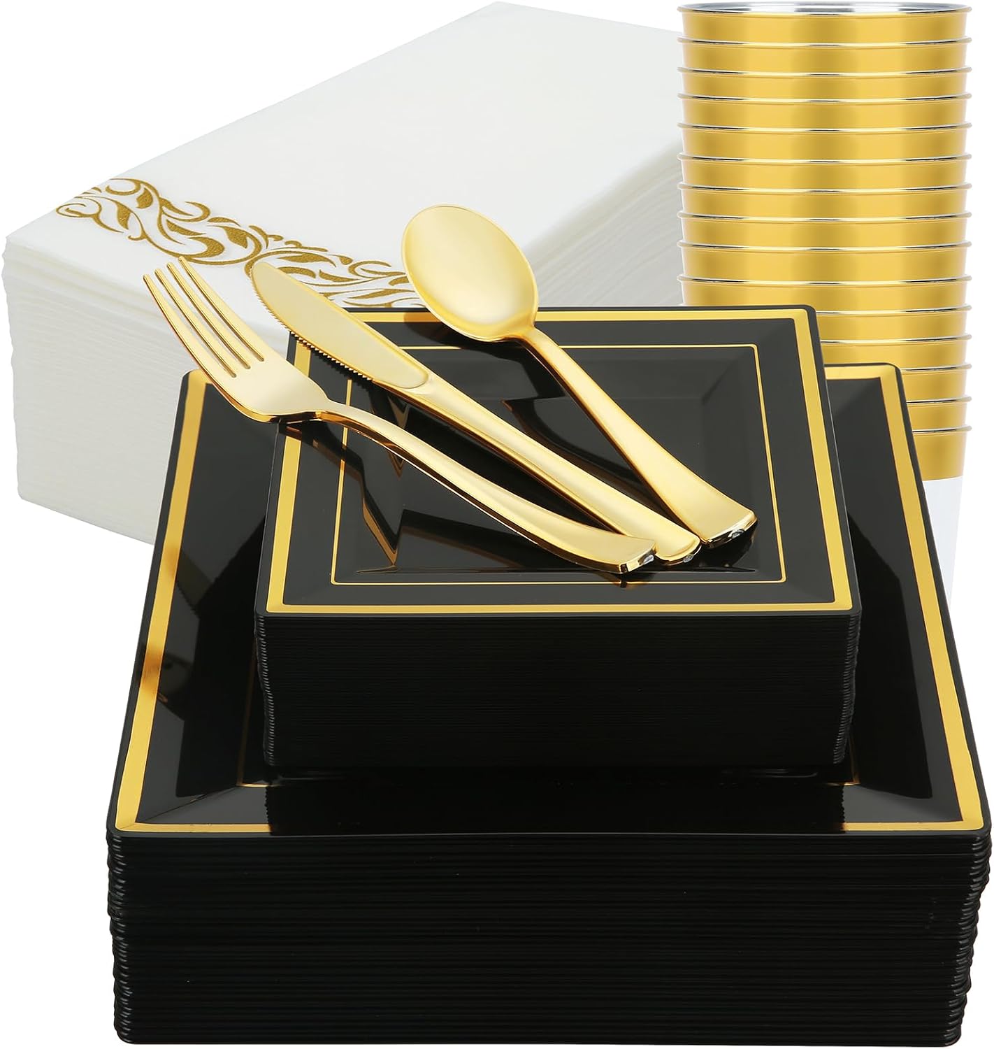 Amazon.com: Brittany 350pcs Black and Gold Plastic Dinnerware Set ...