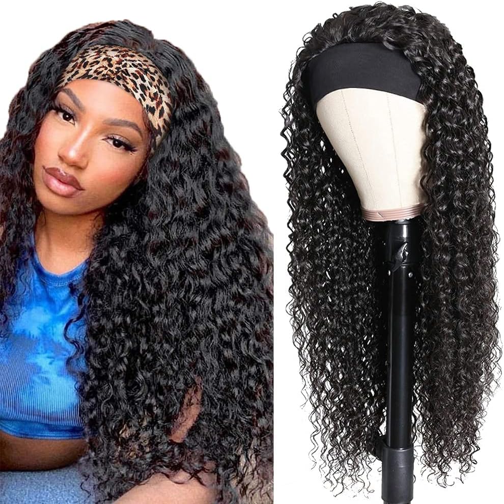 Deep Wave Headband Wig Human Hair 16 Inch Curly Headband Wigs for Black ...