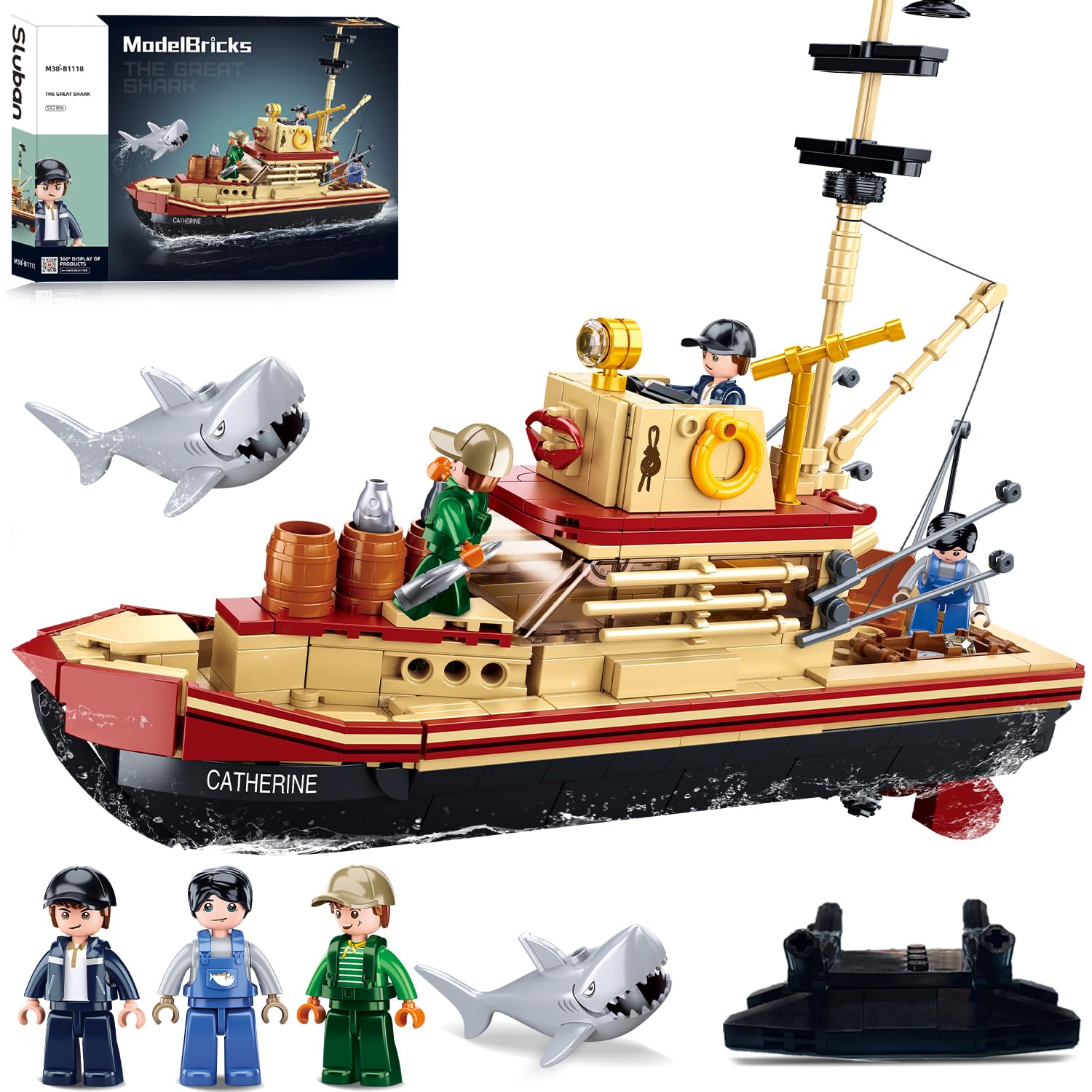 Amazon.com: Sluban City Jaws Building Set with Shark Toys, Fishing Boat ...