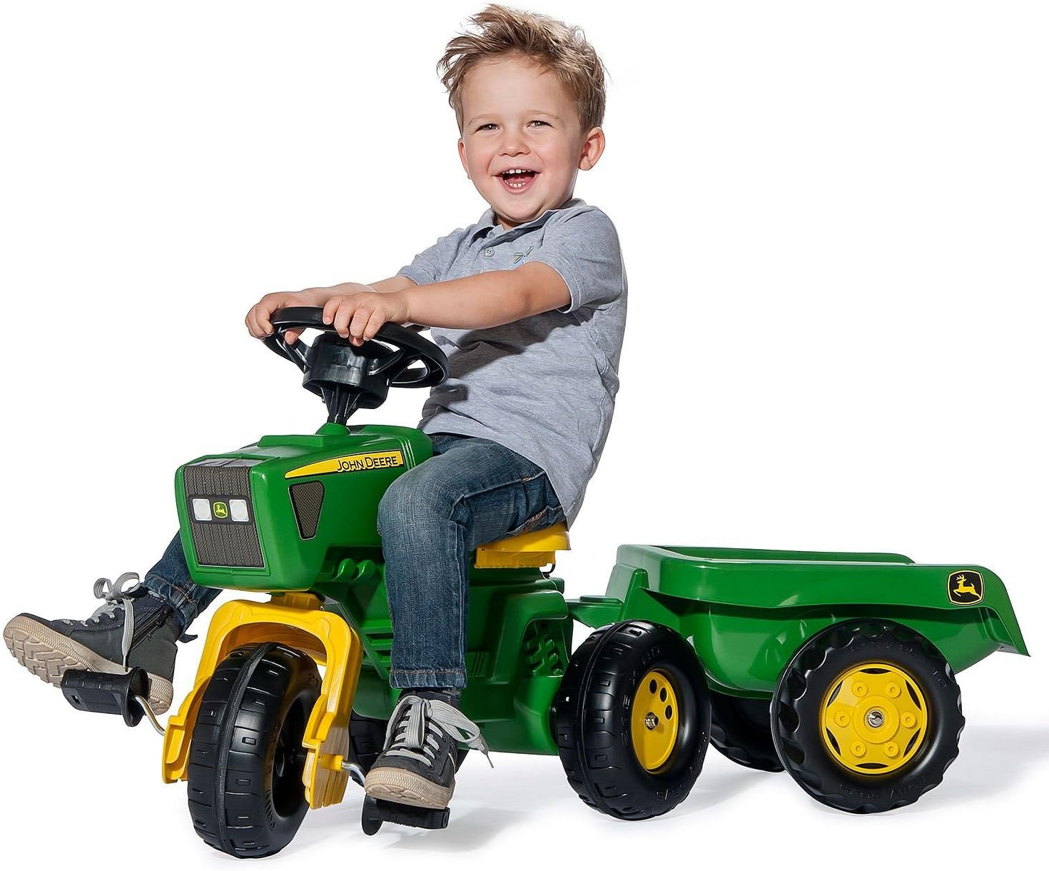 Toys John Deere 3-Wheel Trac with Trailer Ride On, Green/Yellow (052769)