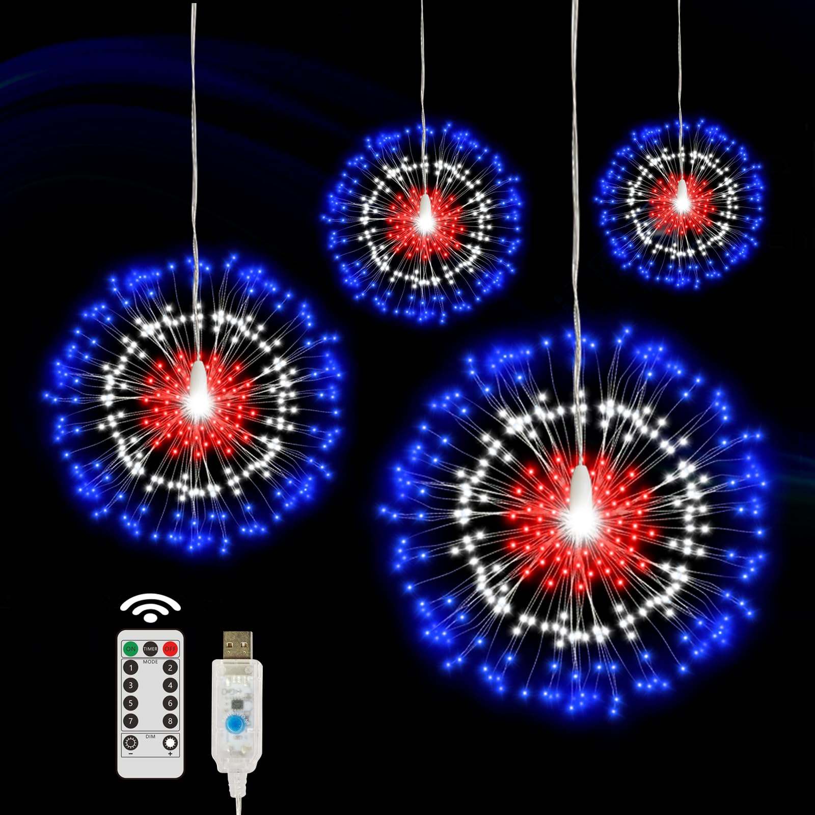 4 Pack 4th of July Decorations Firework Lights, Red White Blue ...