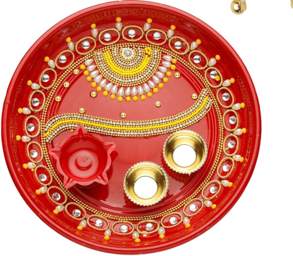 Amazon.com: Aditri Creation Red Pooja Thali Plate Platter Decorative Stainless Steel Puja Thali ...
