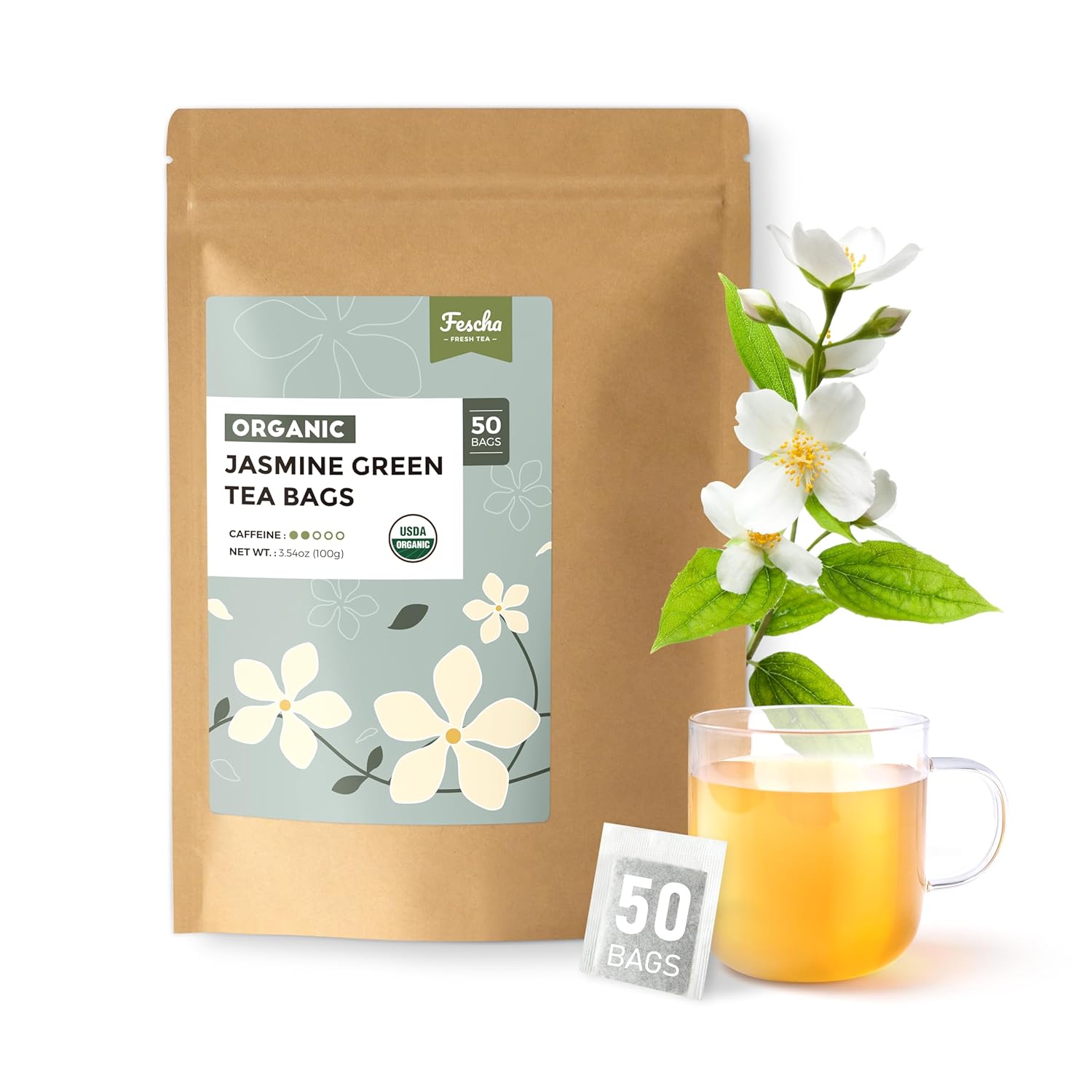 Amazon.com : Fescha Organic Jasmine Green Tea Bags, Flower-scented Tea ...
