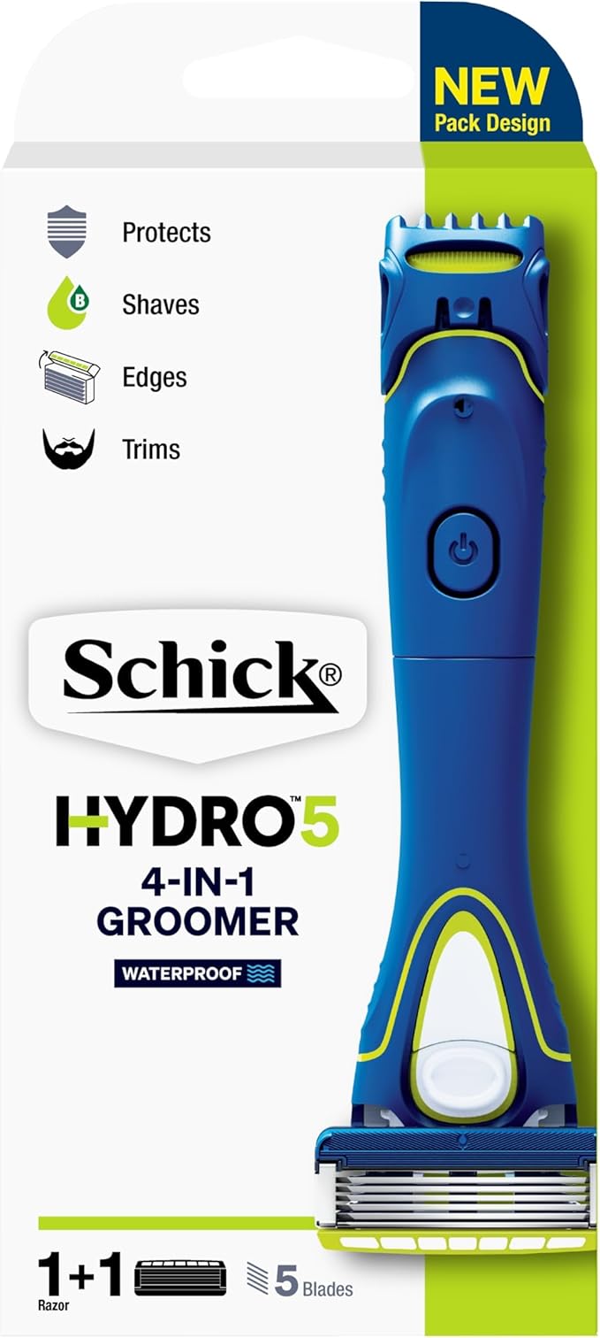 Schick - Hydro 5 Groomer Kit for Men, 4-In-1 Power Trimmer, 1 Refill and Battery, Flip Back ...