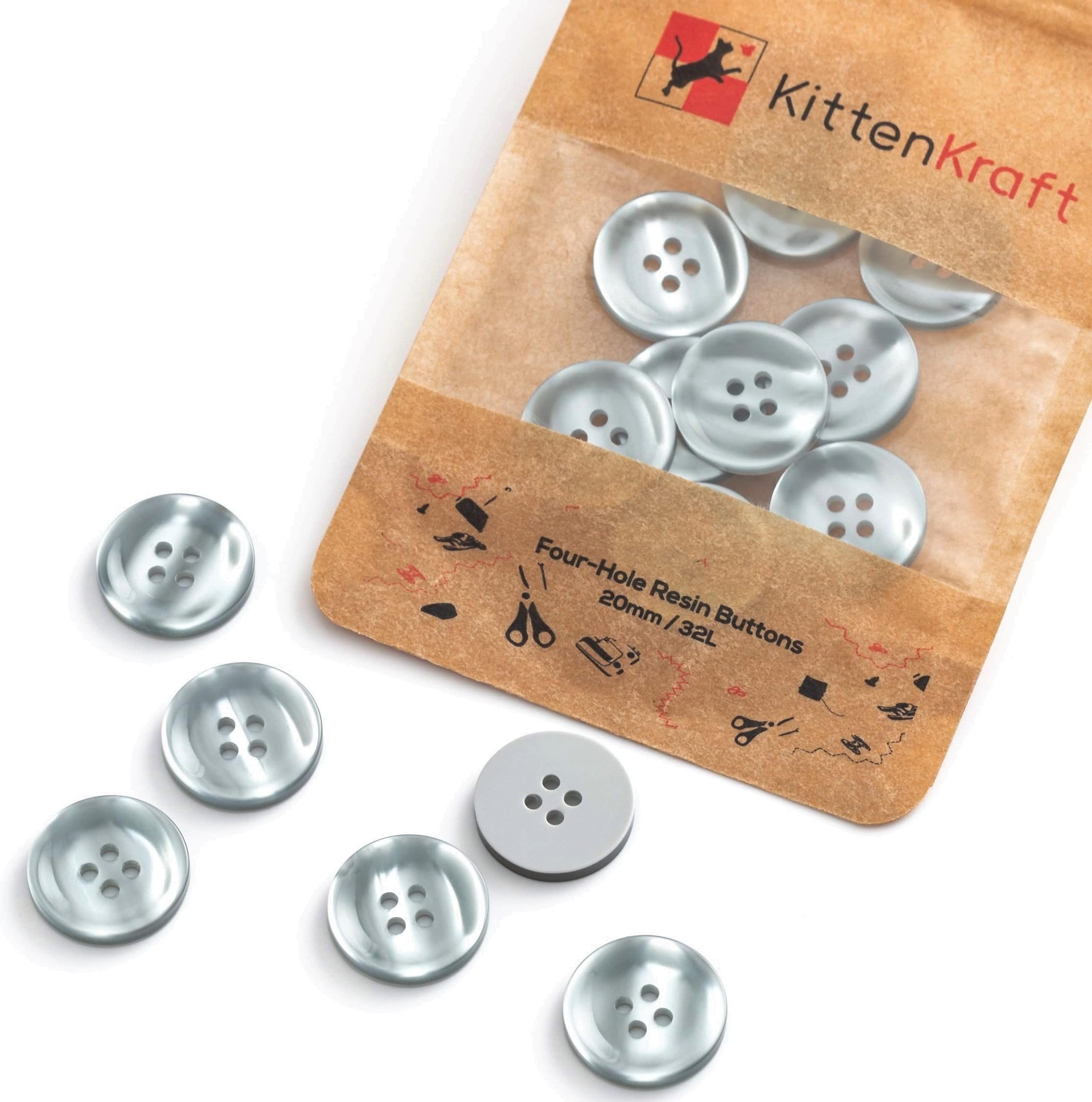 Pack of 12 Grey Sew on 20mm Round Buttons Flat 4 Holes 32L 32 Ligne ...