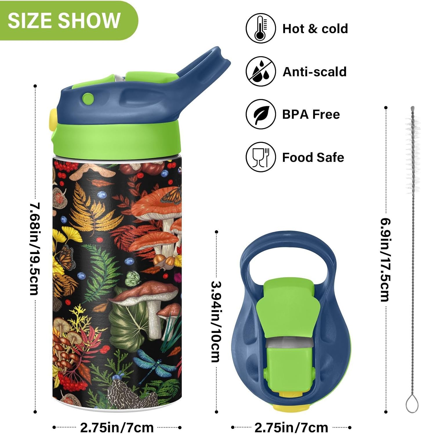 Fall Thanksgiving Watercolor Mushrooms Kids Water Bottle with Straw ...
