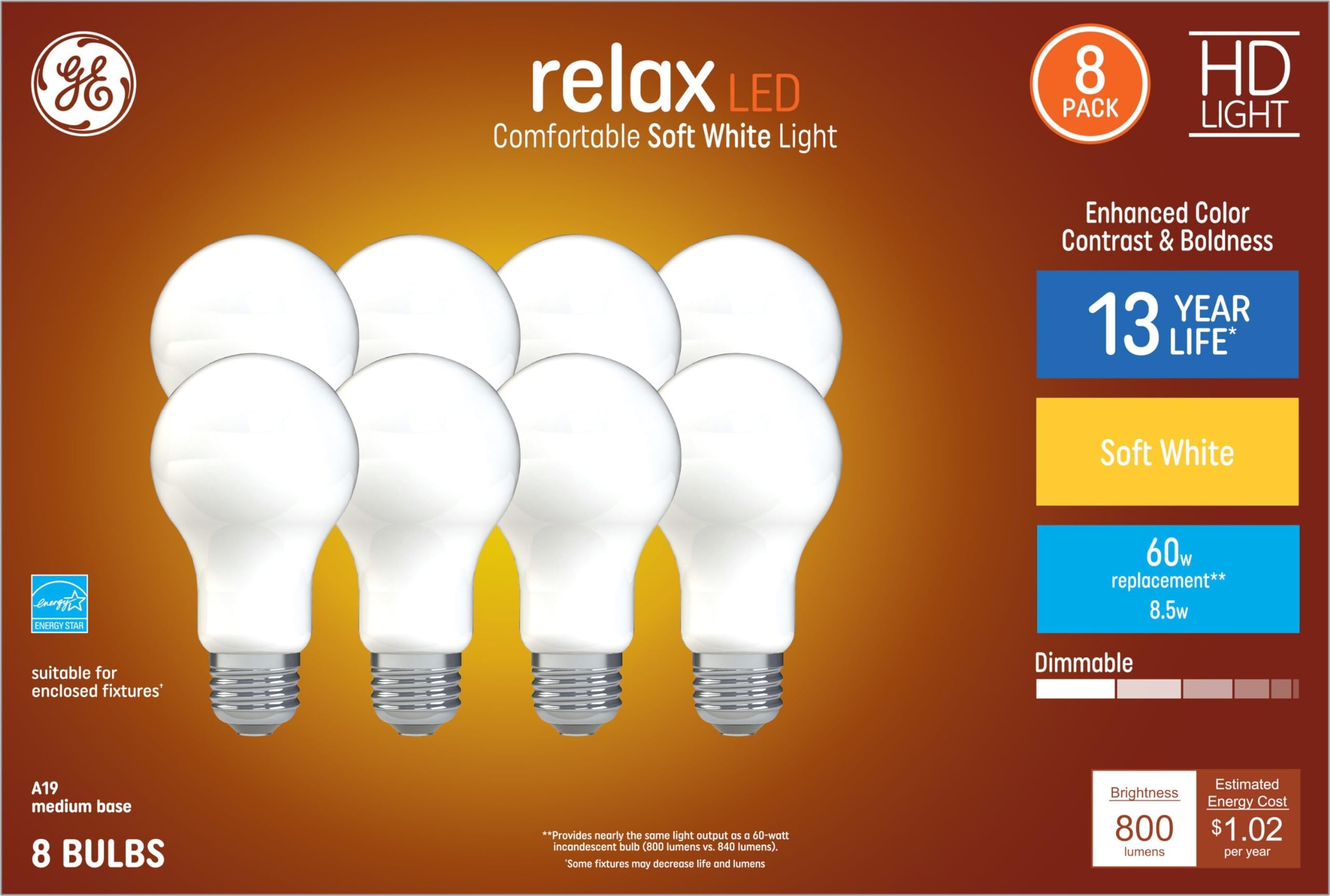 GE Relax 8-Pack 60 W Equivalent Dimmable Soft White A19 LED Light ...
