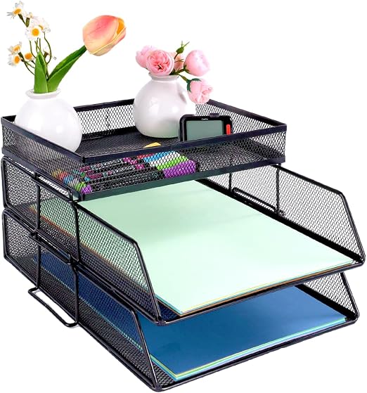 2 Tier Mesh in Trays，Stackable Office Desk Tidy File Holder with Top ...