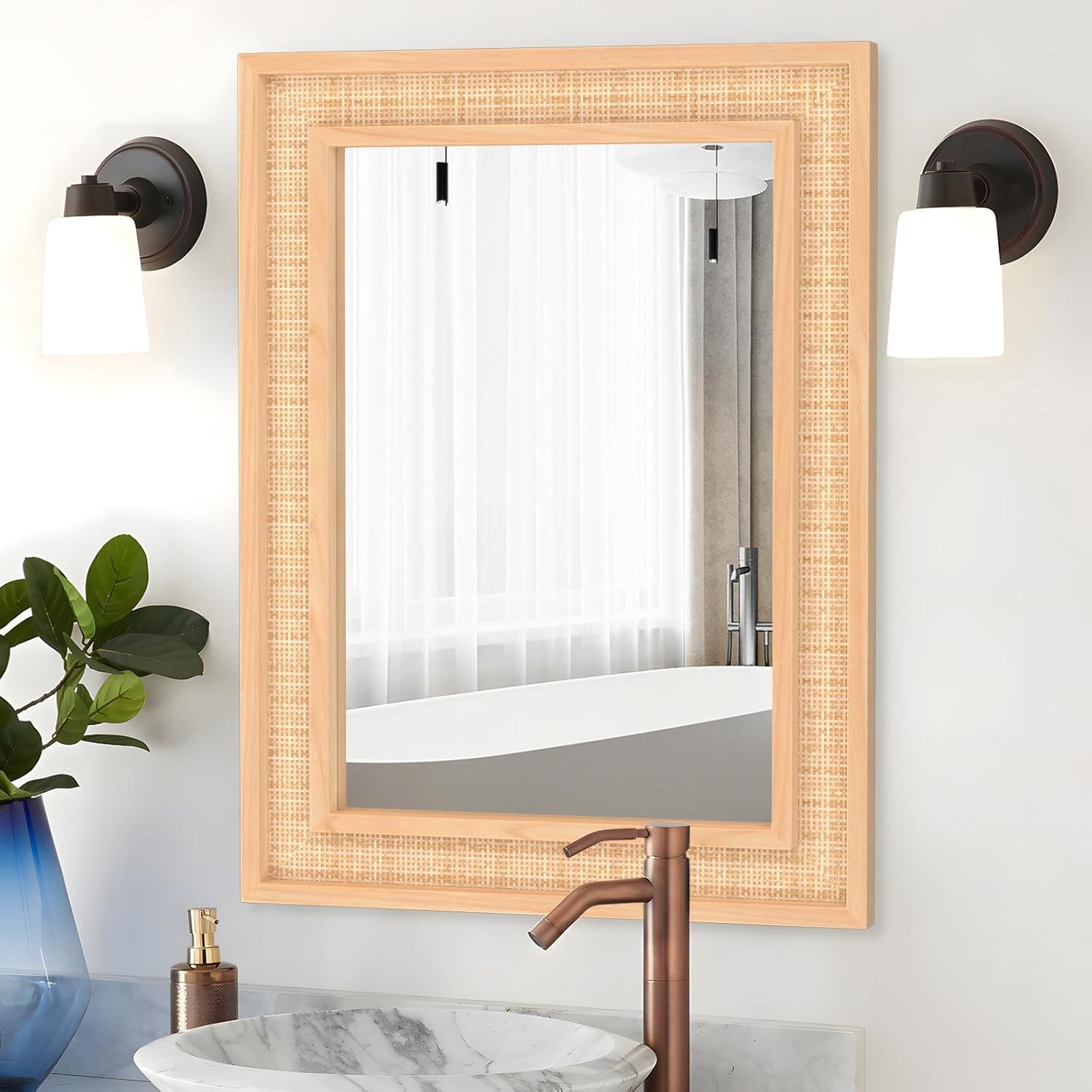 Amazon.com: FUWU HOME Rattan Wall Mirror with Wooden Framed 24 X 32 ...