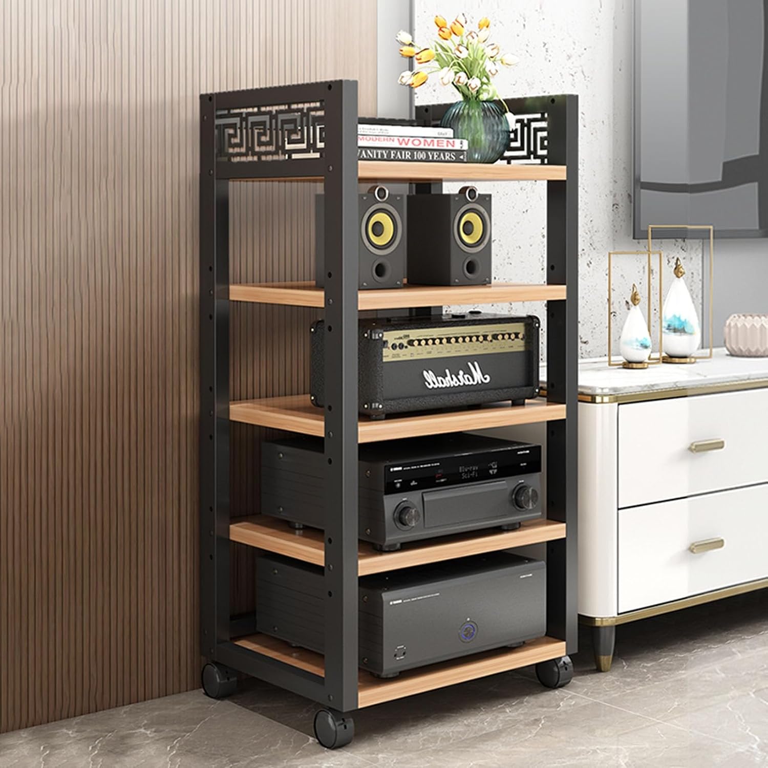 Amazon.com: AV Media Stand with Black Steel Frame and Wooden Storage ...