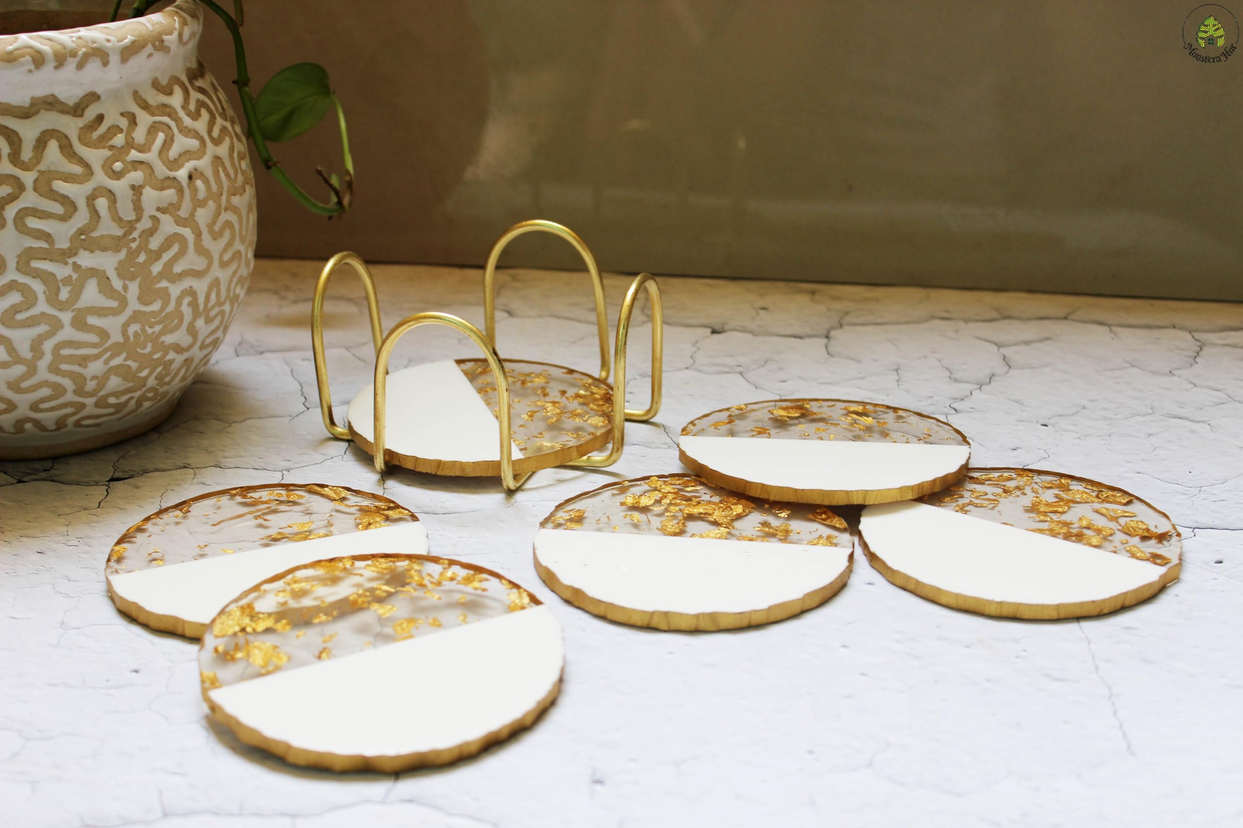 Monstera Hut ® Round Pearl White Transy Resin Coaster|(10 cm) | 4 Inch |Set of 6 | Resin Coaster ...