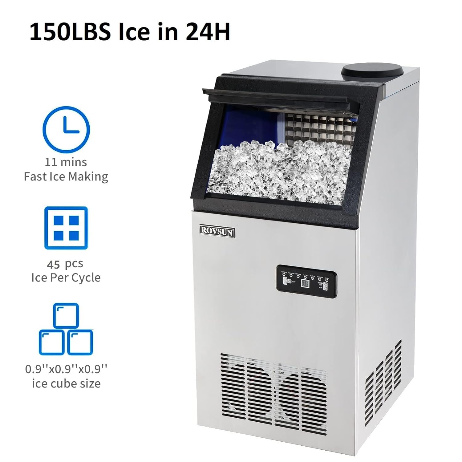 ROVSUN 150LBS/24H Commercial Ice Maker Machine with 2 Water Inlets ...