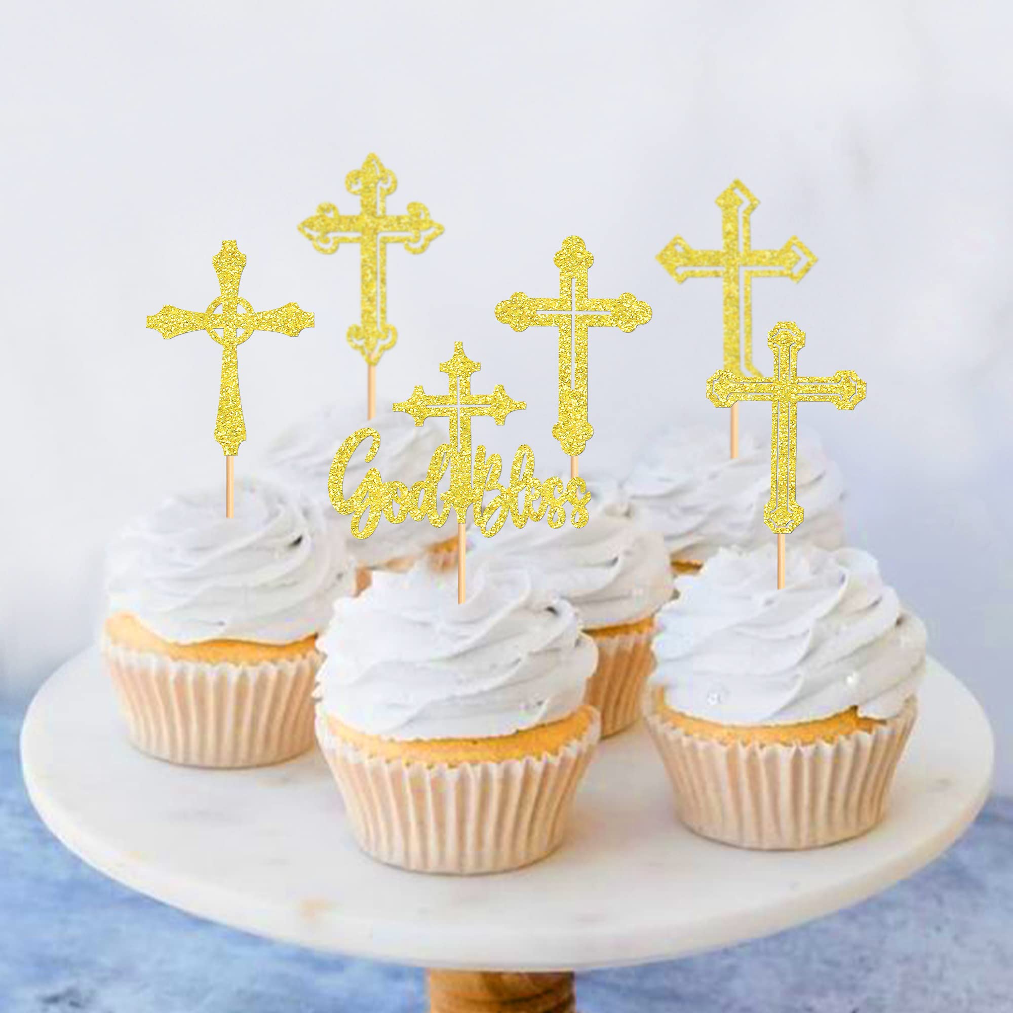 Snapklik.com : 36 Pack Cross Cupcake Toppers Gold Glitter Cross God ...