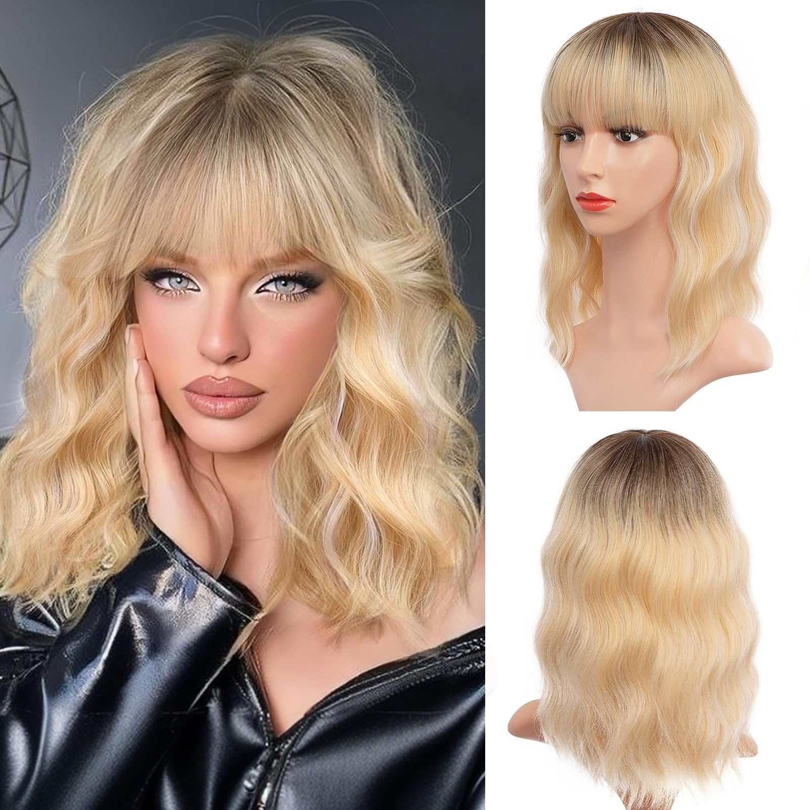 Amazon.com : Platinum Blonde Wig with Bangs Light Blonde Wavy Wig for Women Medium Length Curly ...