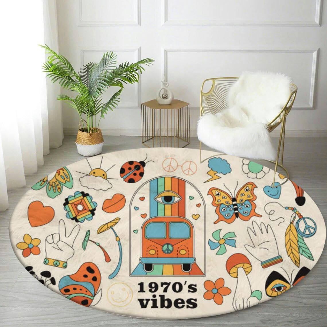 Amazon.com: KONGNY Round Rug 4ft Circle Area Rug Set Hipster Retro A ...