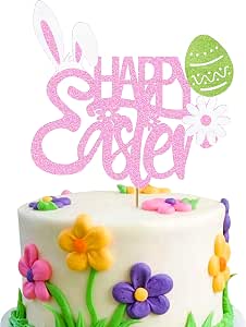 Amazon.com: Happy Easter Cake Topper Pink Rabbit Bunny Ears Easter Cake ...