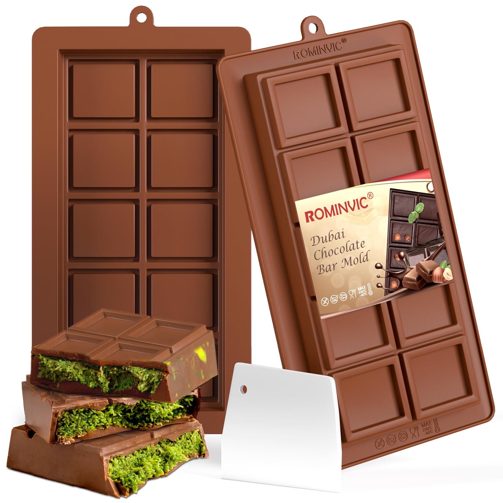 ROMANVIC Dubai Chocolate Mould Deep Silicone Mould, Pack of 2 Silicone Mould and Spatula ...