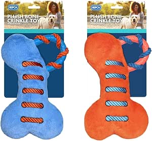 RSPCA 2x plush bone crinkle dog toy squeaker pet puppy blue orange ...