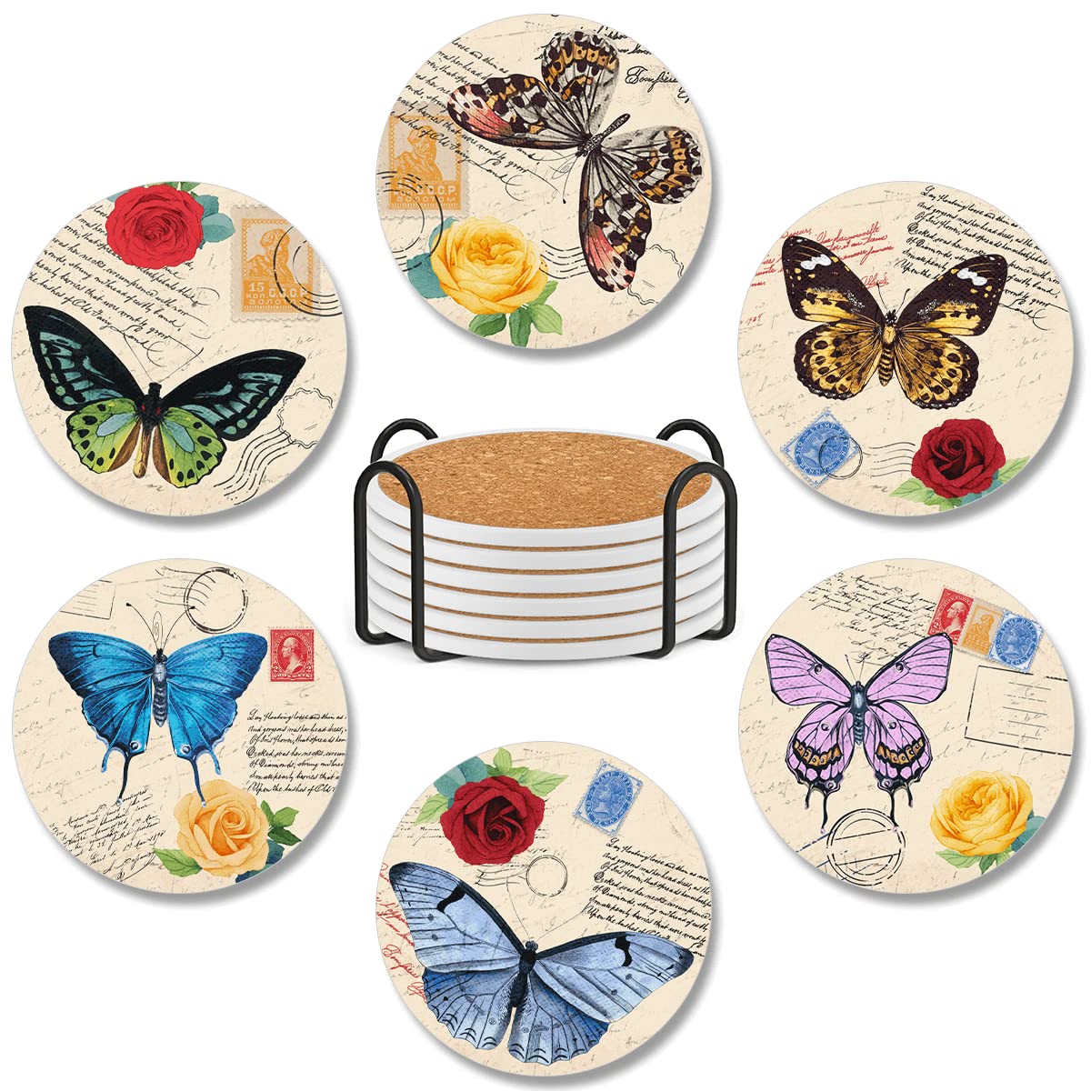 Amazon.com: VAATOO Pack 6 Coasters Retro Butterfly Absorbent Ceramic ...