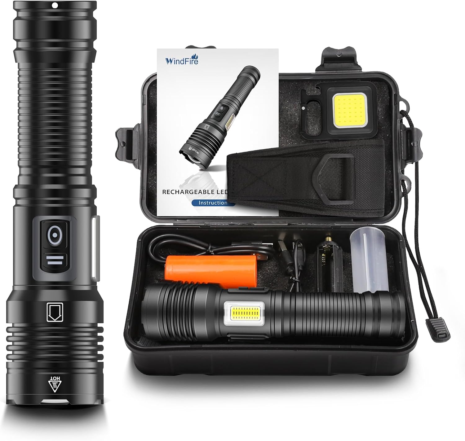 WINDFIRE Rechargeable Flashlight High Lumens, Super Bright Handheld Flashlight with COB Side ...