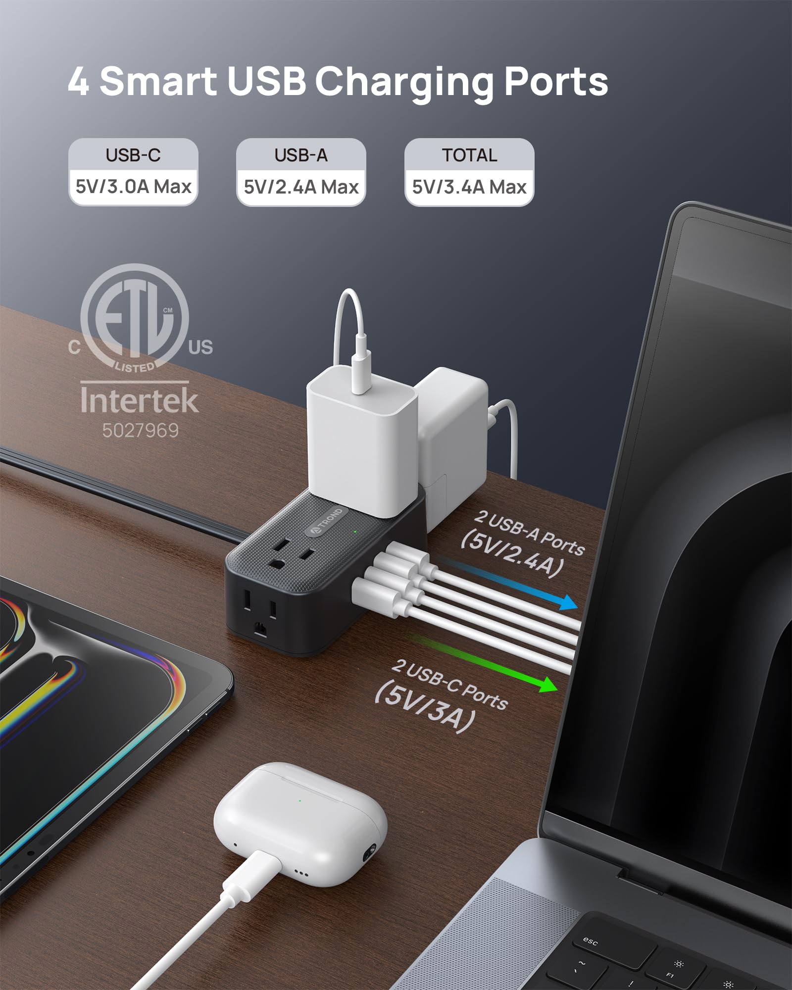Snapklik.com : TROND 360 Rotating Flat Plug Power Strip, 3FT Extension Cord