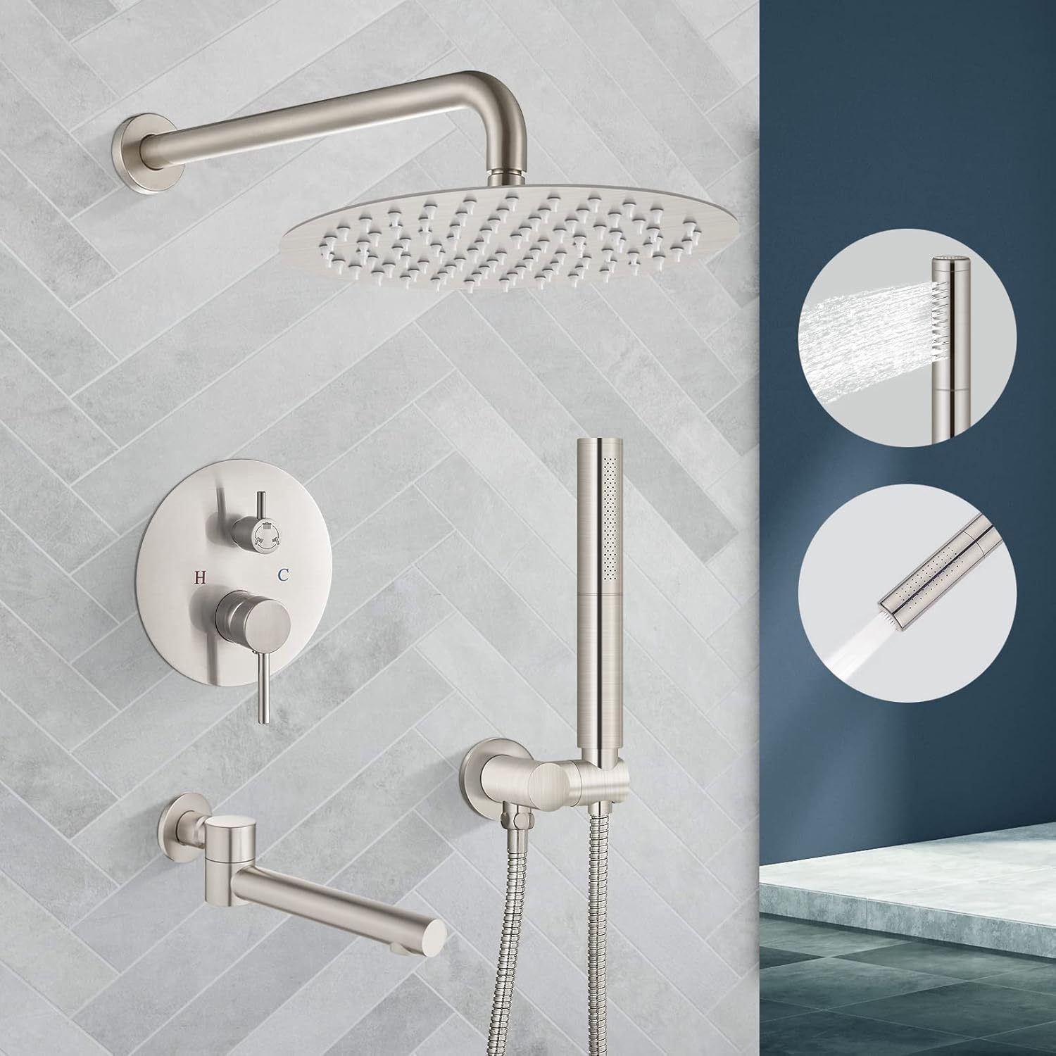 Buy Airuida Bathtub Shower System with Tub Spout Brushed Nickel, 3-Function Swievling Tub Shower ...