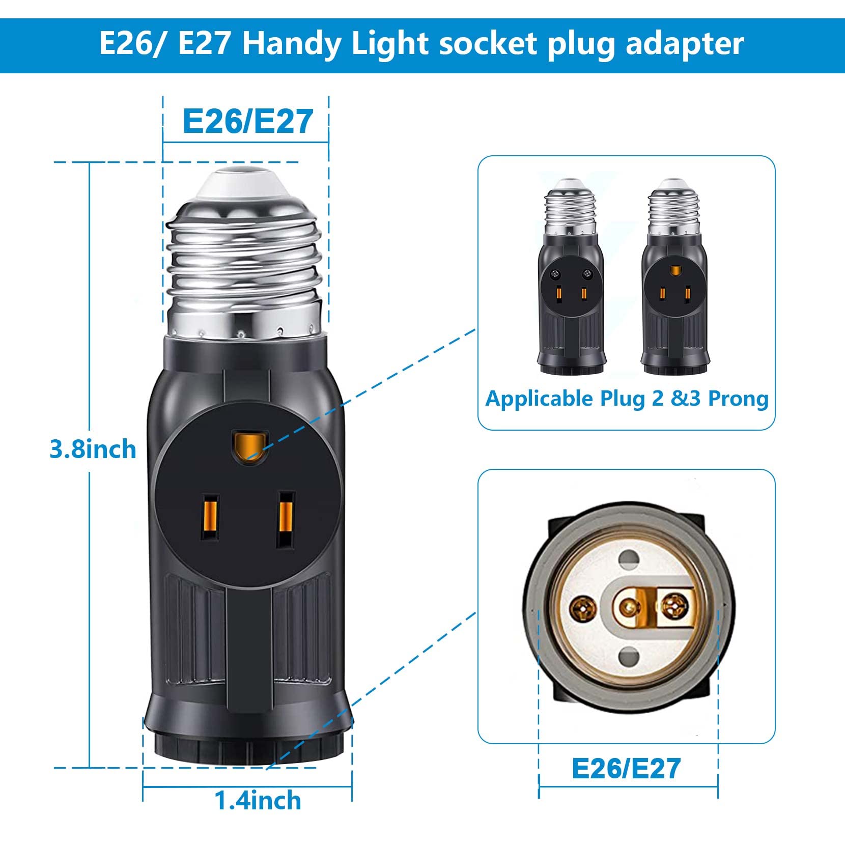 Snapklik.com : 2Pcs 3 Prong Light Socket To Plug Adapter, Polarized ...