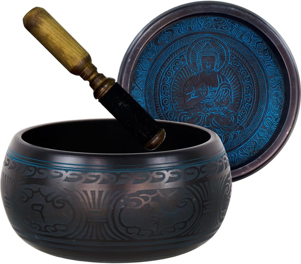 Amazon.com: Singing Bowl 8 inch round in shades of blue with wooden ...
