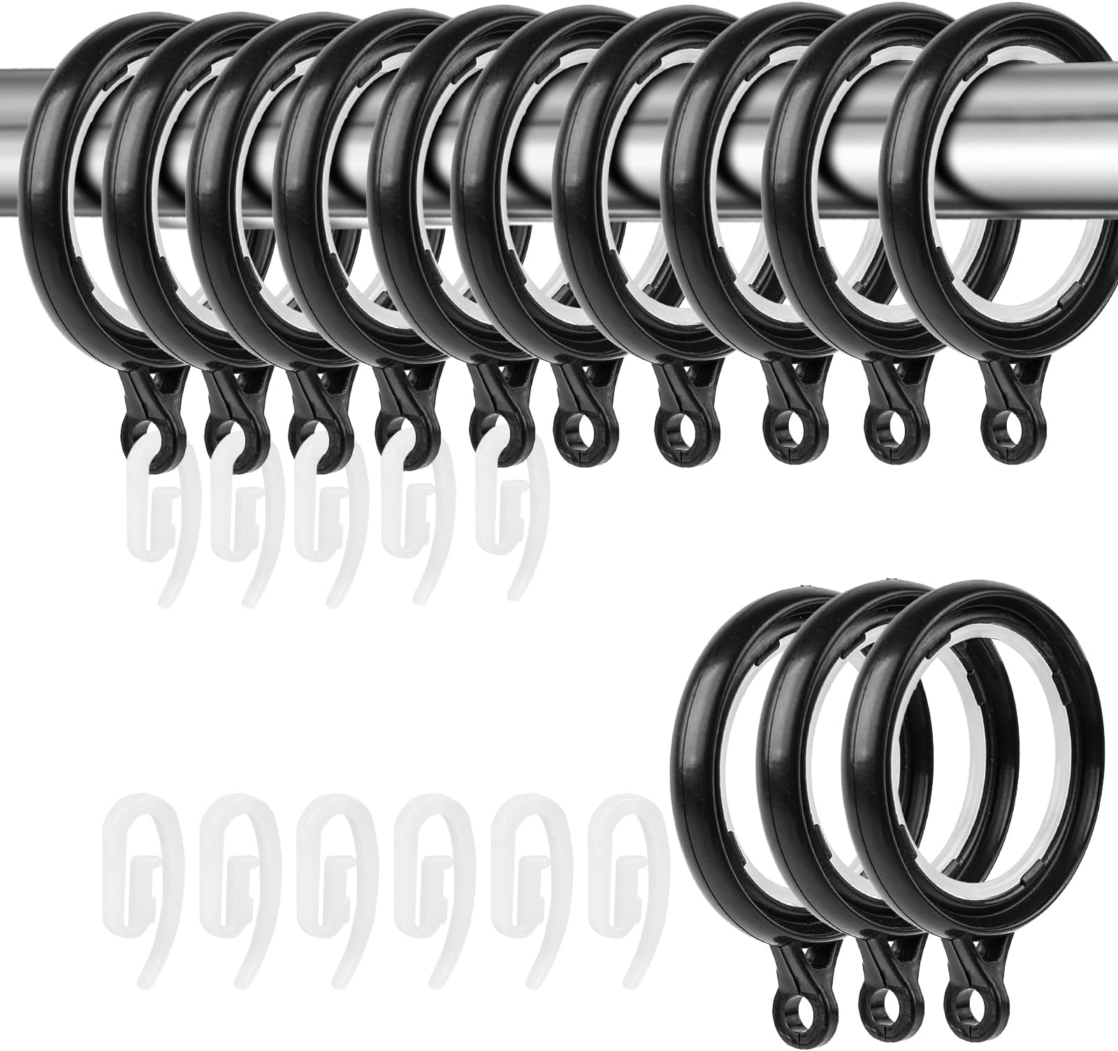 WCIC 32 Pack Curtain Rings and Hooks Black 40mm Hanging Rings Hooks ...