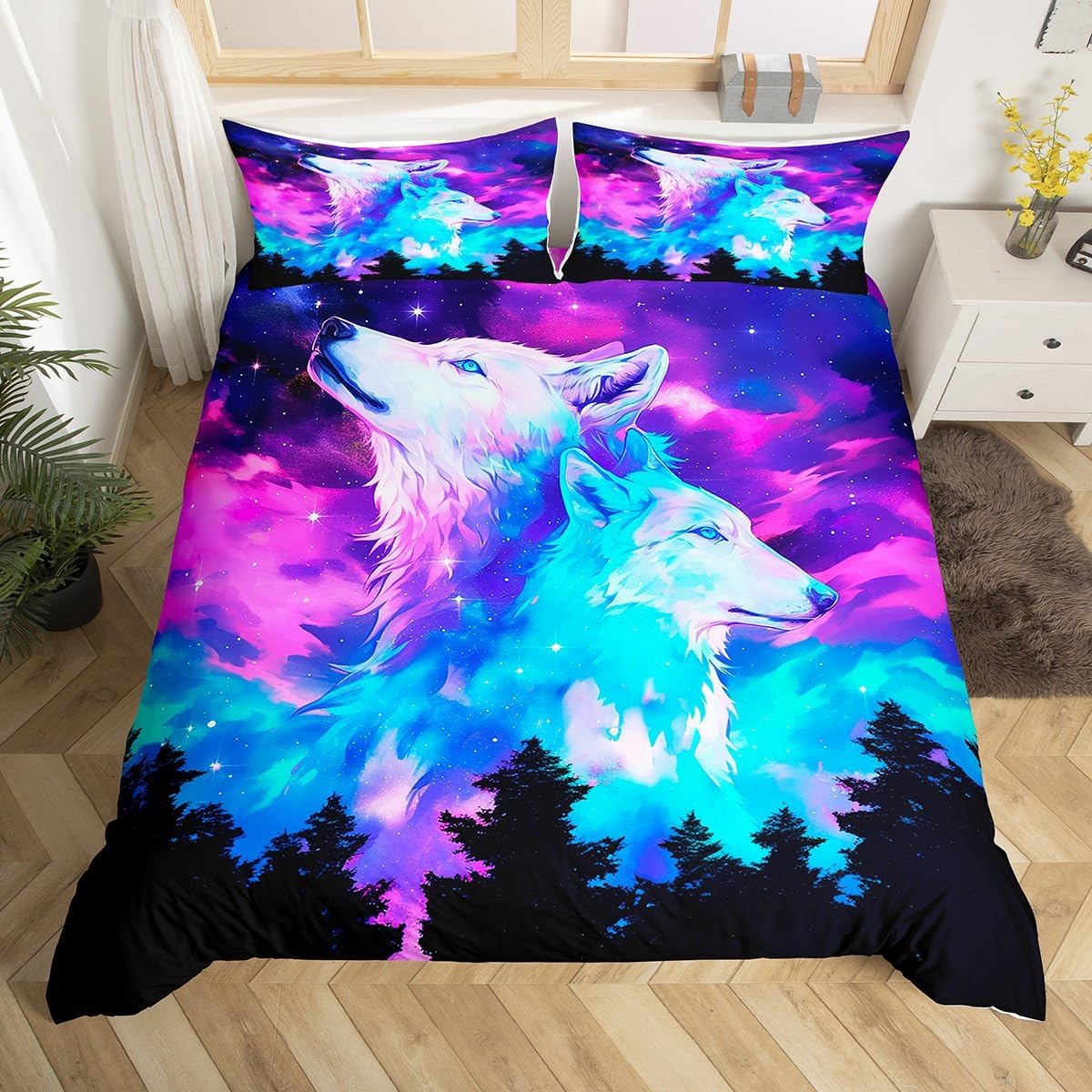 Erosebridal Galaxy Wolf Duvet Cover Full for Girls Boys Kids,Purple ...