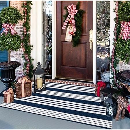 Amazon.com: Blue and White Striped Rug 24'' x 51''Outdoor Front Porch ...