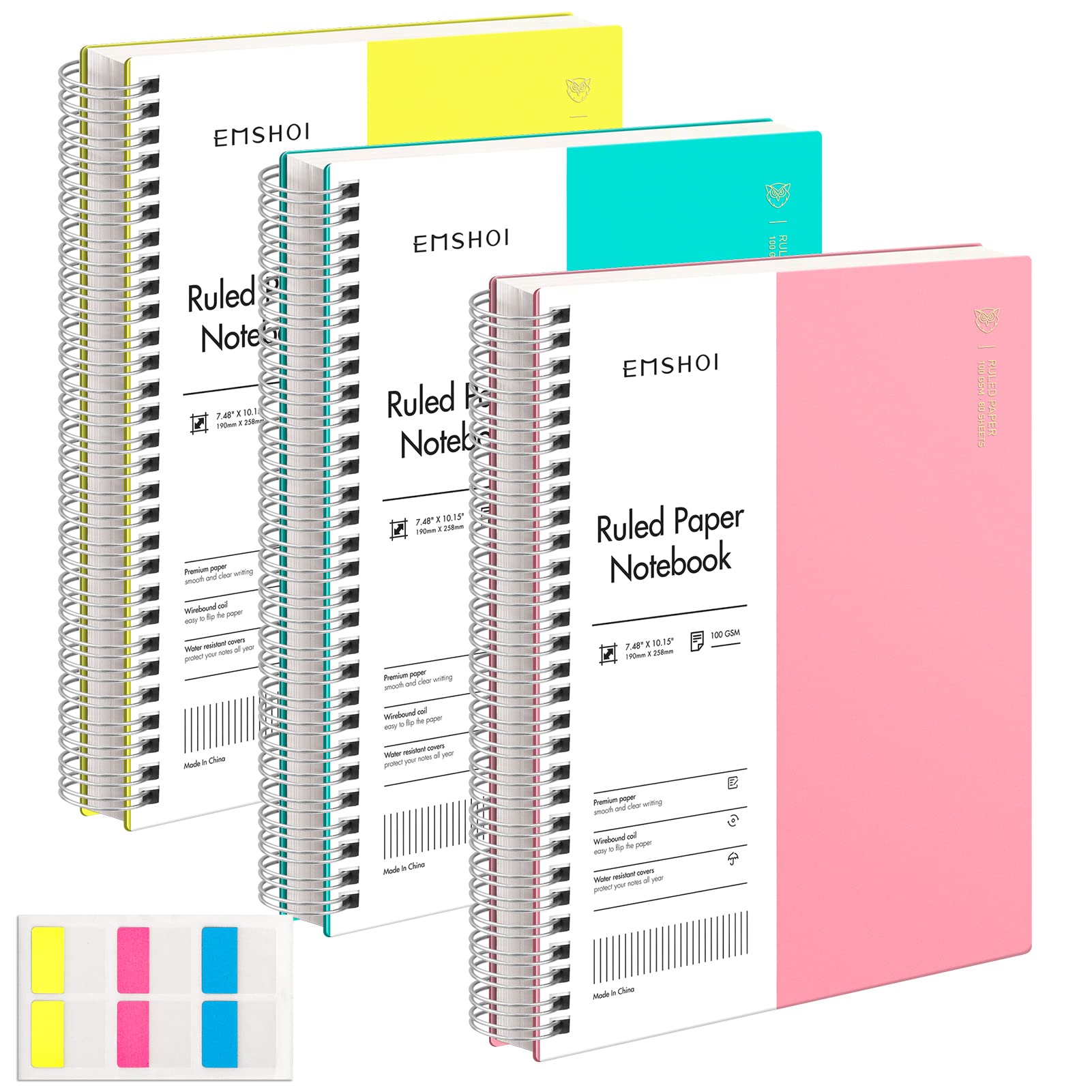 Amazon.com : EMSHOI Spiral Notebook College Ruled, 3 Pack 7.48" x 10.15 ...