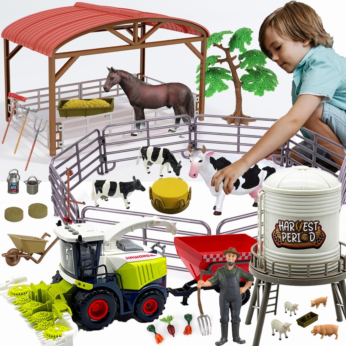 Amazon.com: Peagprav Farm Animals Toys Set Barn Toy Combine Harvester ...