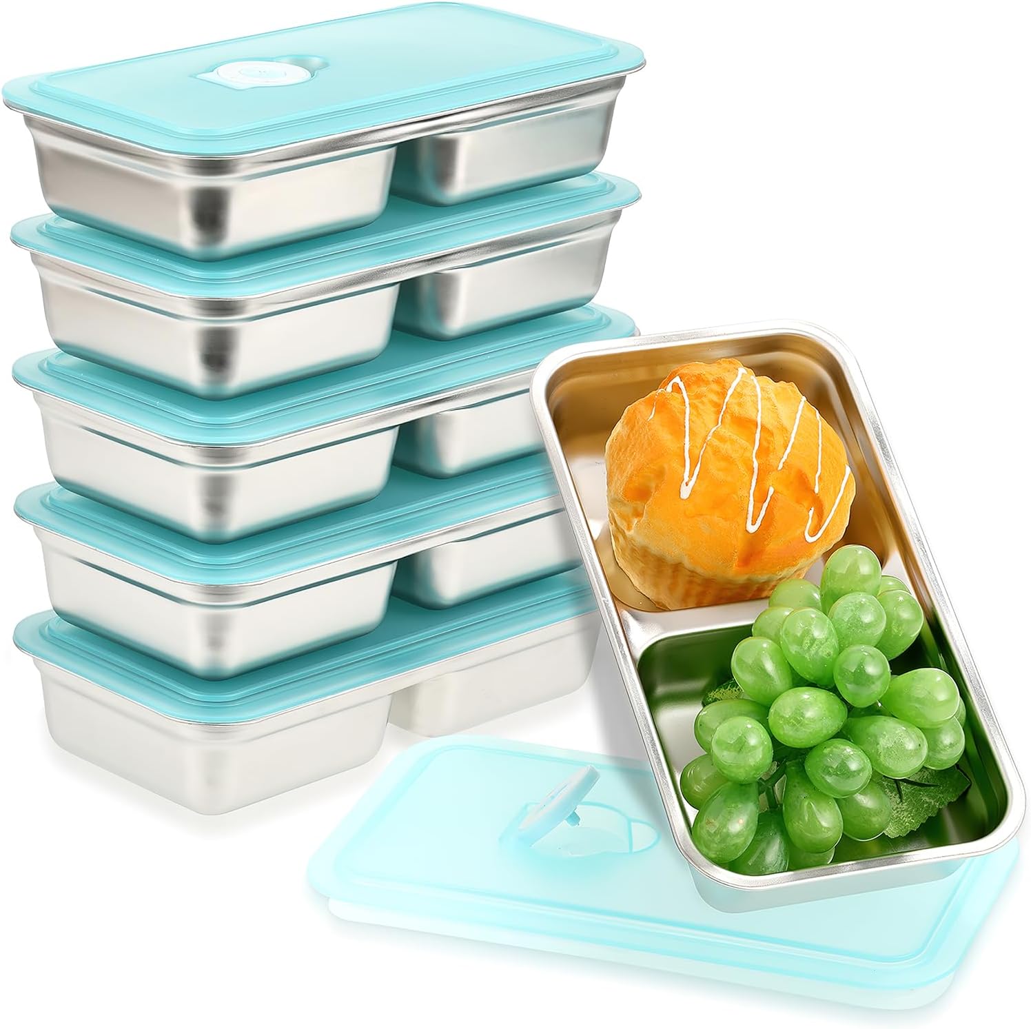 6 Pack Snack Containers,2 Compartments 304 Stainless Steel Bento Snack ...