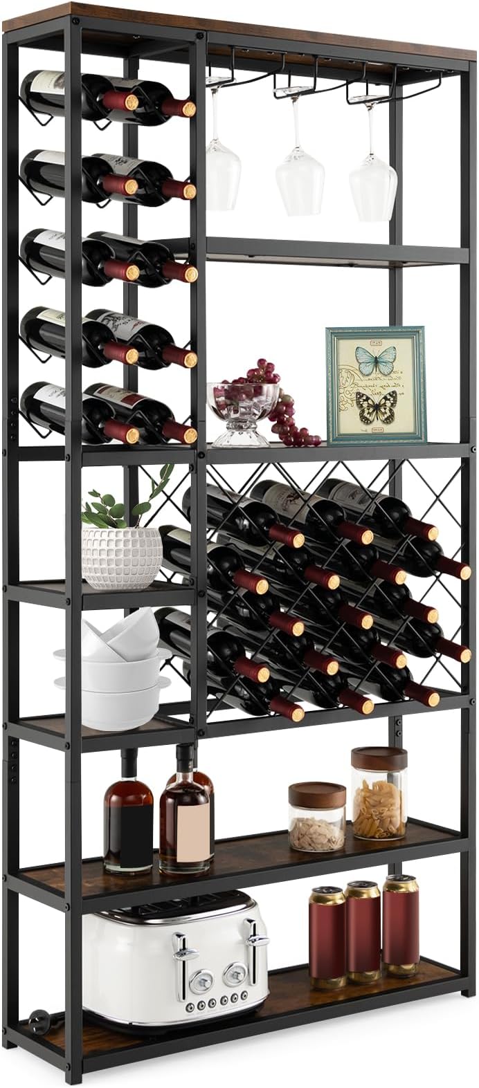 COSTWAY 27 Bottles Tall Wine Rack, 6 Tier Freestanding Bar Cabinet with ...