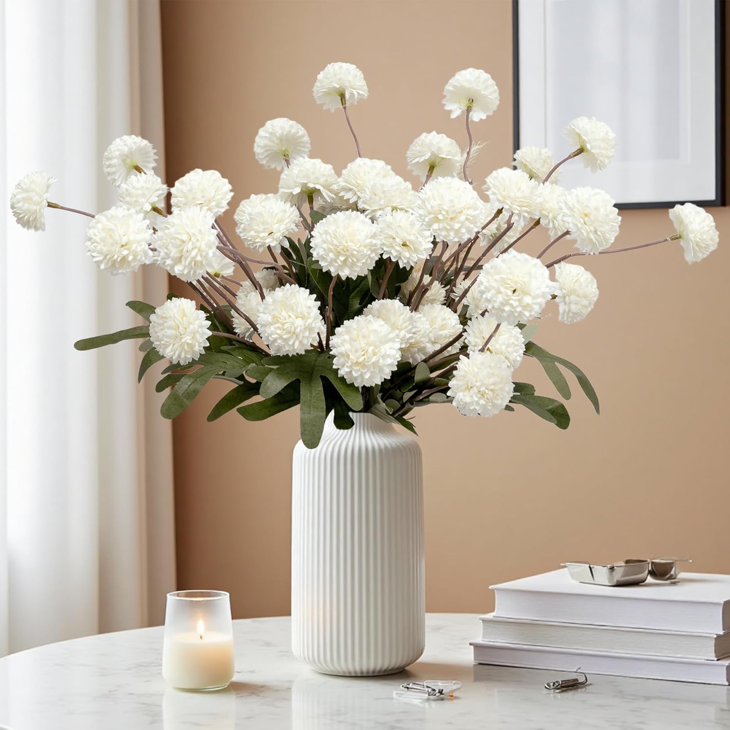 Amazon.com: Fake White Kiku Flowers for Home, Artificial Fake Pompon ...