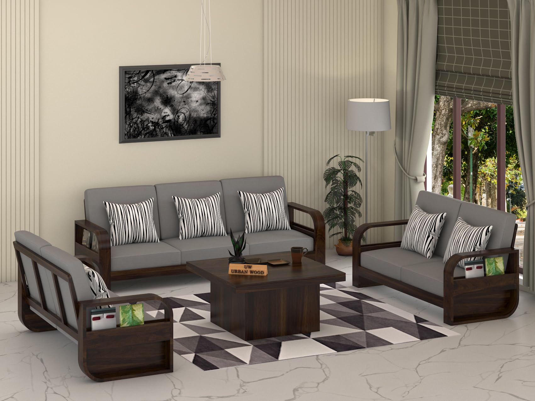 Modern Wooden Sala Set Design Sheesham Wood 3 Person Sofa Set For