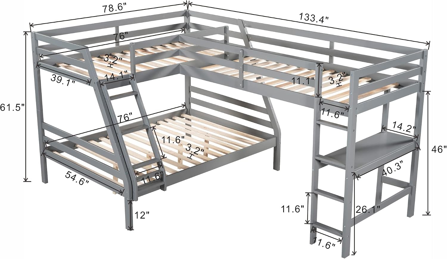 Merax Litera de madera en forma de L con un loft adjunto marco de cama ...
