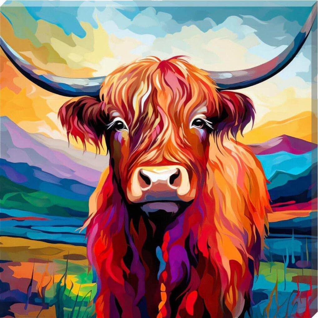 Colour Splash Grazing Highland Cow In Field Canvas Scottish Wall Art ...