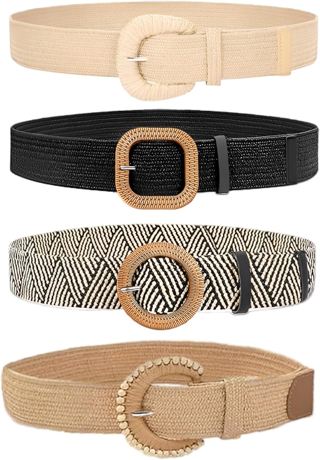 AEDOVE 4 Pcs Woven Belts for Women, Elastic Straw Belts Boho Belt for ...