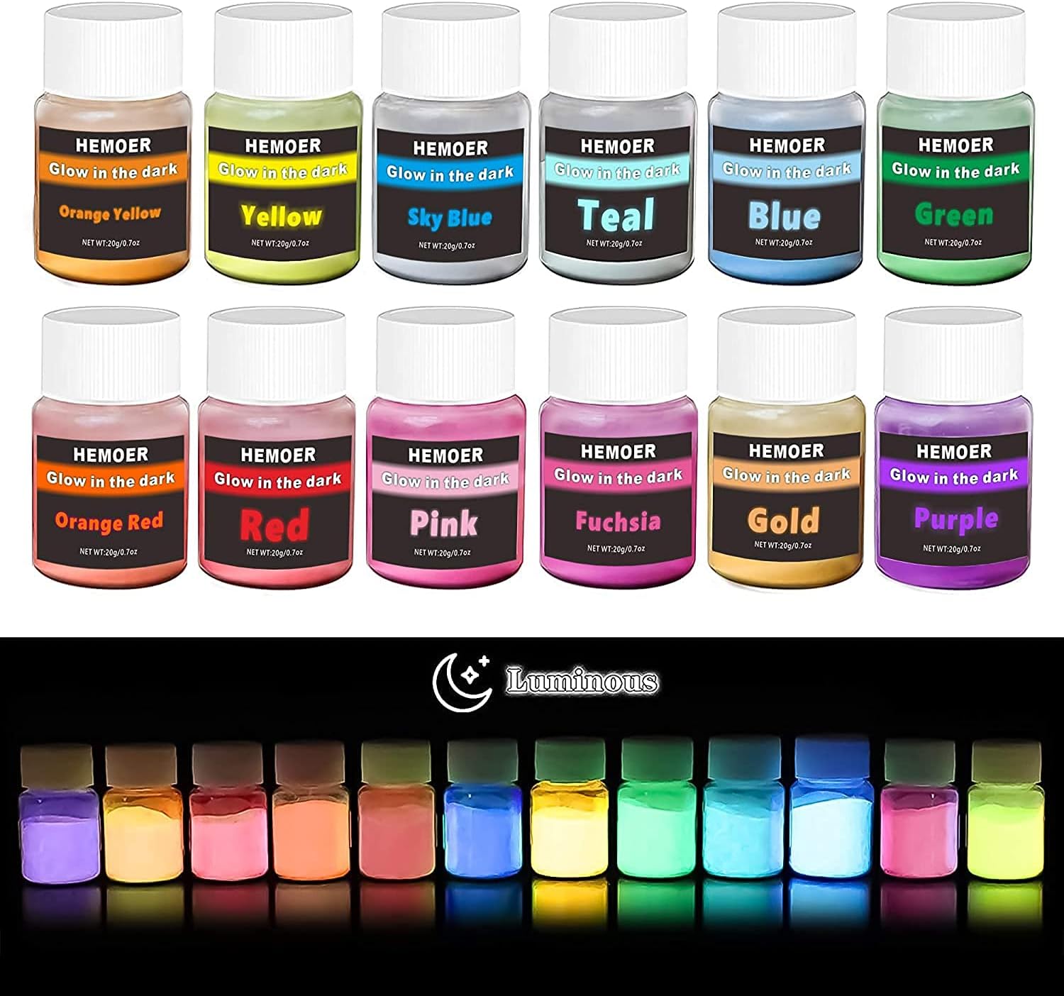 SEISSO Glow in The Dark Powder, 12 Colors Epoxy Resin Dye Luminous ...