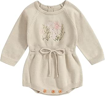Amazon.com: Madjtlqy Toddler Baby Girl Fall Winter Sweater Romper Knit Flower Embroidery Long ...