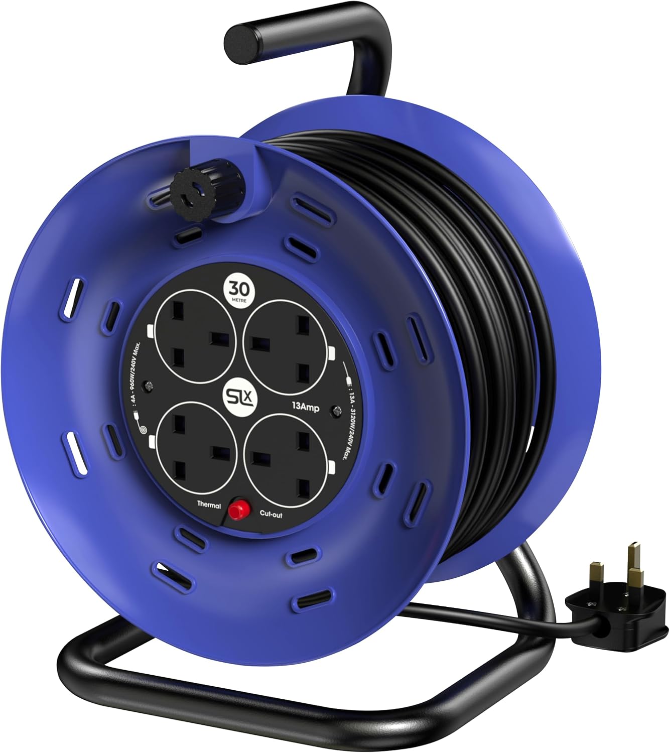 Extension Lead 30m Heavy Duty Cable Reel, 4 Socket Cord Reel UK Plug ...