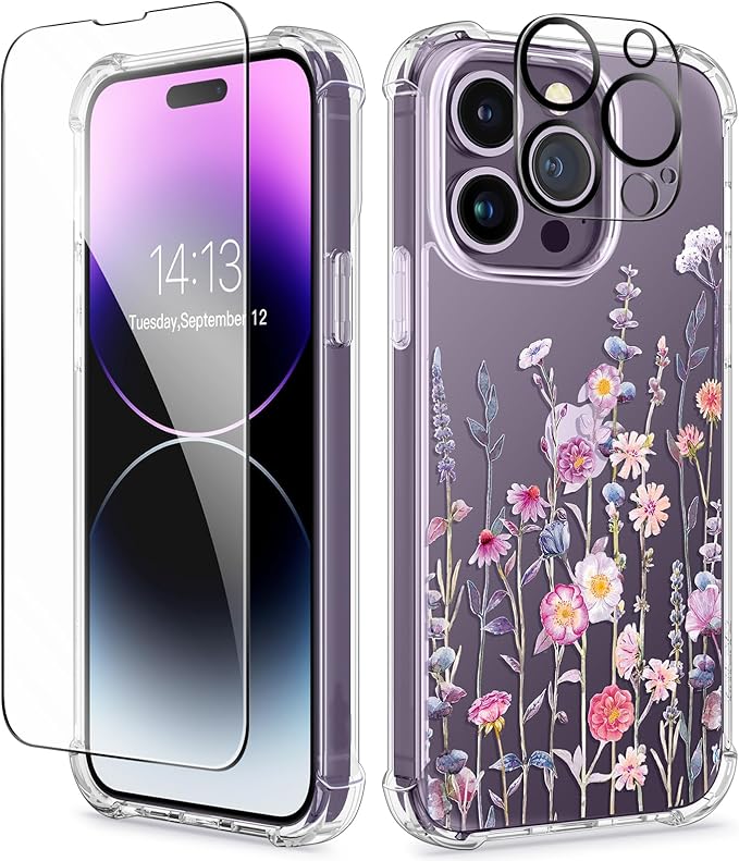 Amazon.com: GVIEWIN for iPhone 14 Pro Case Floral, with Screen ...