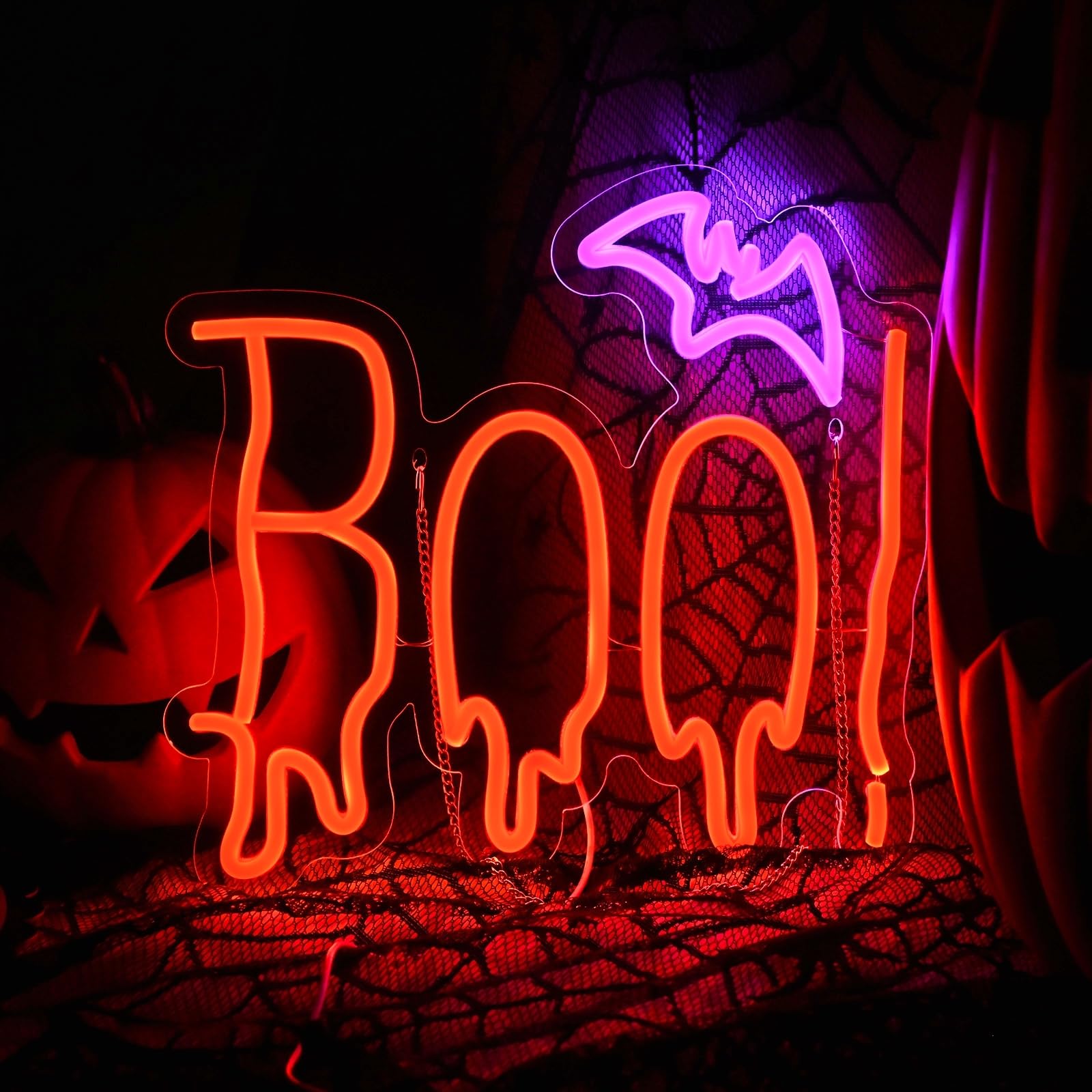 Amazon.com : Halloween Neon Sign, Orange Purple BOO Bat Neon Light Up ...