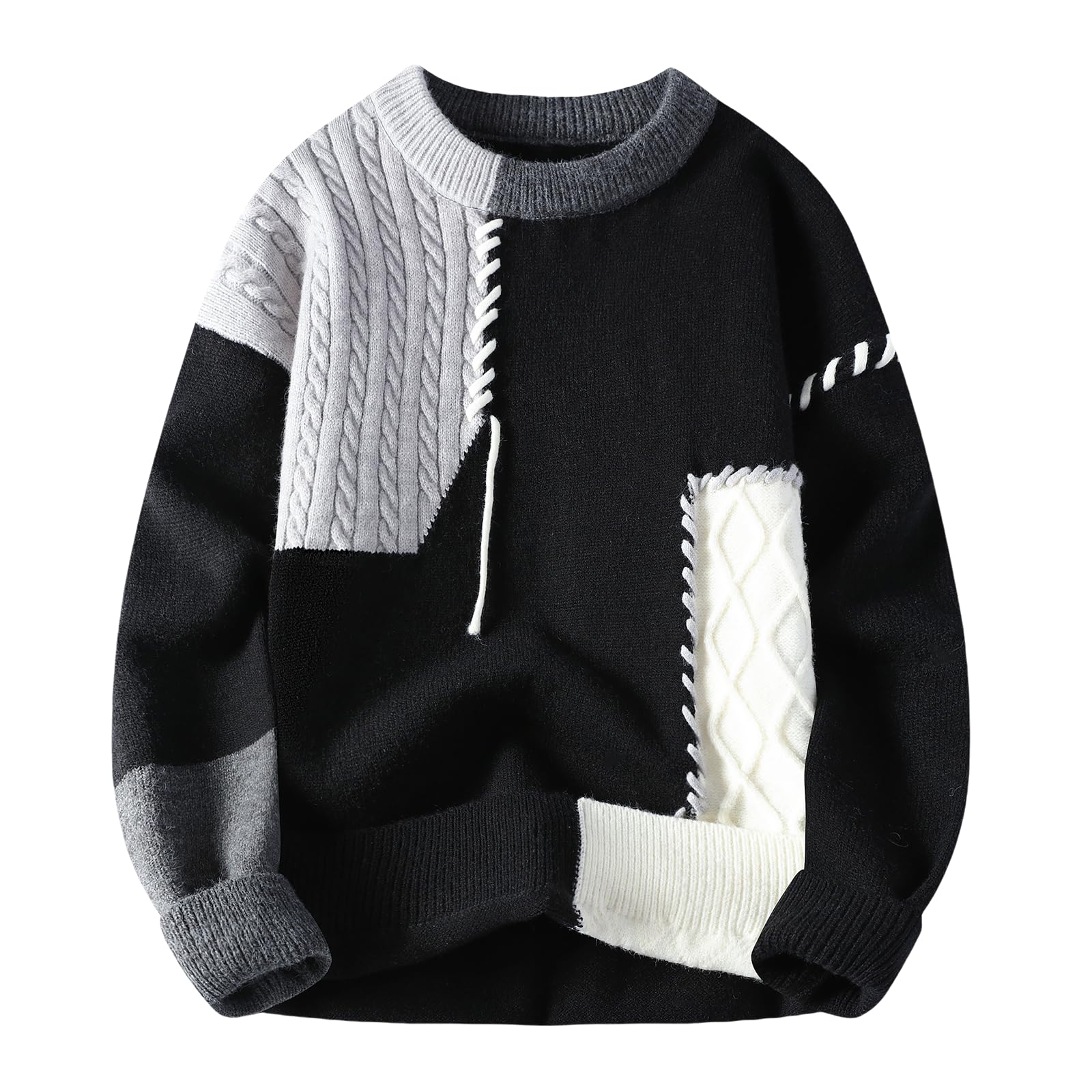 GURUNVANI Patchwork Sweater Mens Colorblock Jumper Cable Knitted ...