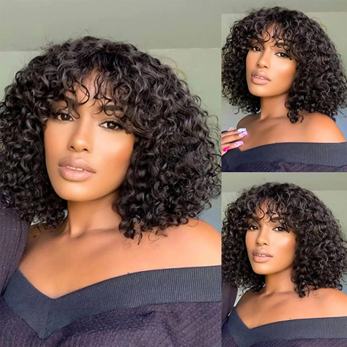 Amazon.com : MISS REBECCA Short Curly Human Hair Wigs with Bangs Water ...