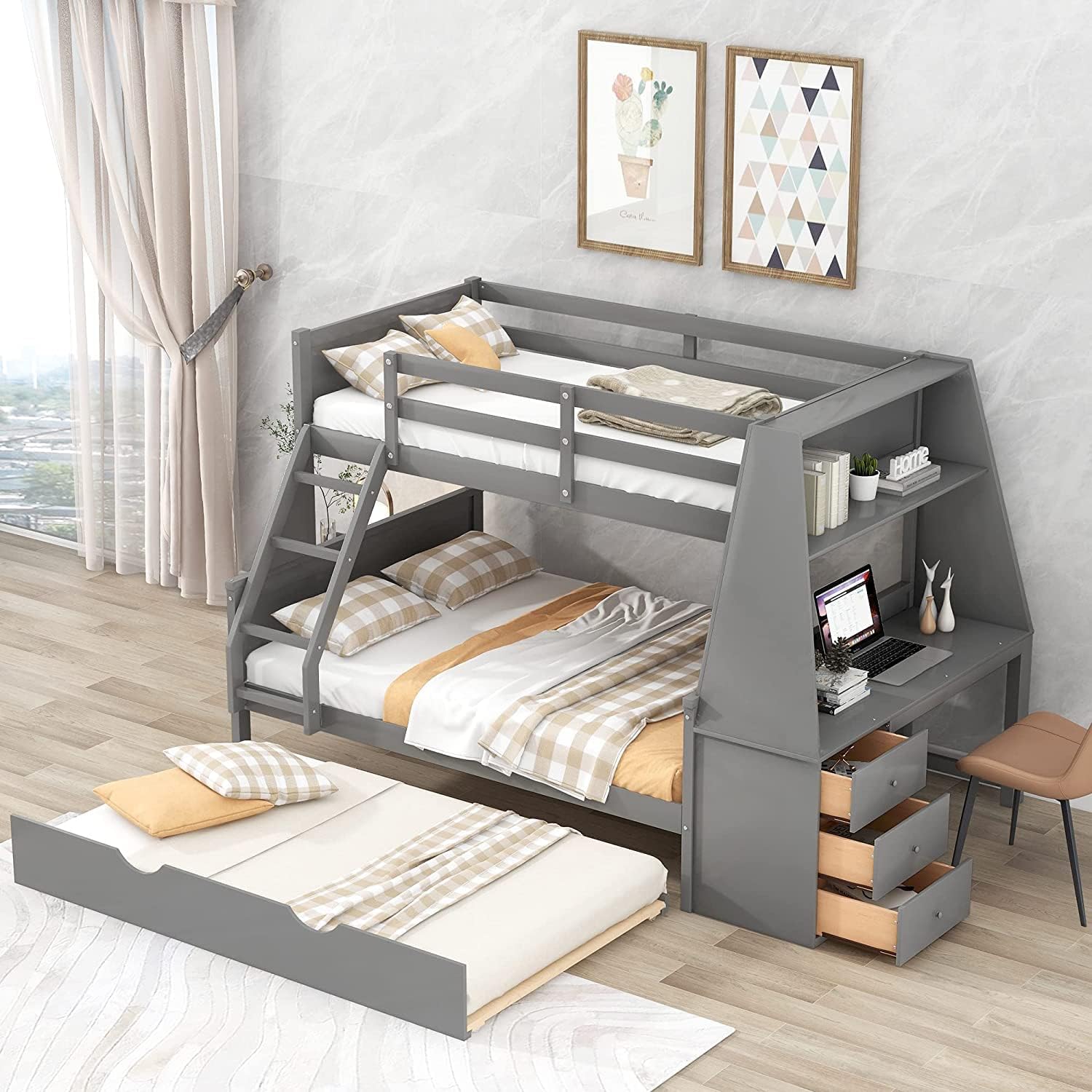 Amazon.com: DNYN Twin Over Full Bunk Bed with Trundle,Solid Wood ...