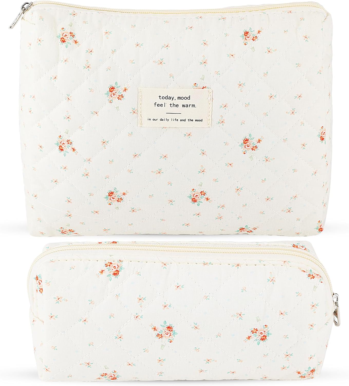 Amazon.com: 2Pcs Quilted Cotton Makeup Bag Large Travel Makeup Pouch ...